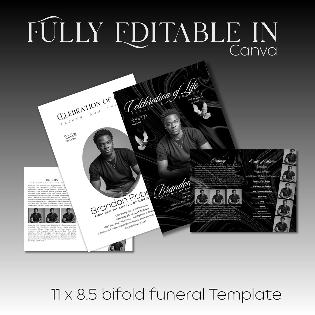 Black & White Memorial | Funeral Program Template | Customizable 8.5 X ...