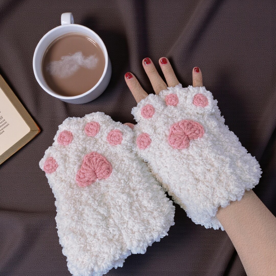 Kawaii Cat Paw Fingerless Mittens Fuzzy Knit Gloves - Soft Fluffy ...