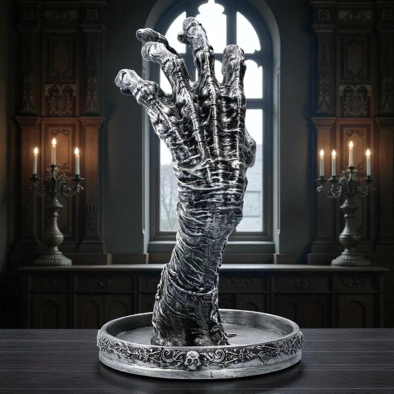 Gothic Skeleton Hands Jewelry Holder | Antique Silver Ring & Necklace ...
