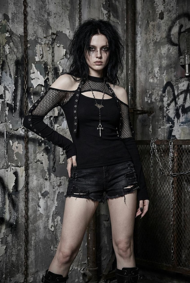Gothic Fishnet Y2K Top – Off-shoulder Emo Alt Grunge Patchwork Halter ...
