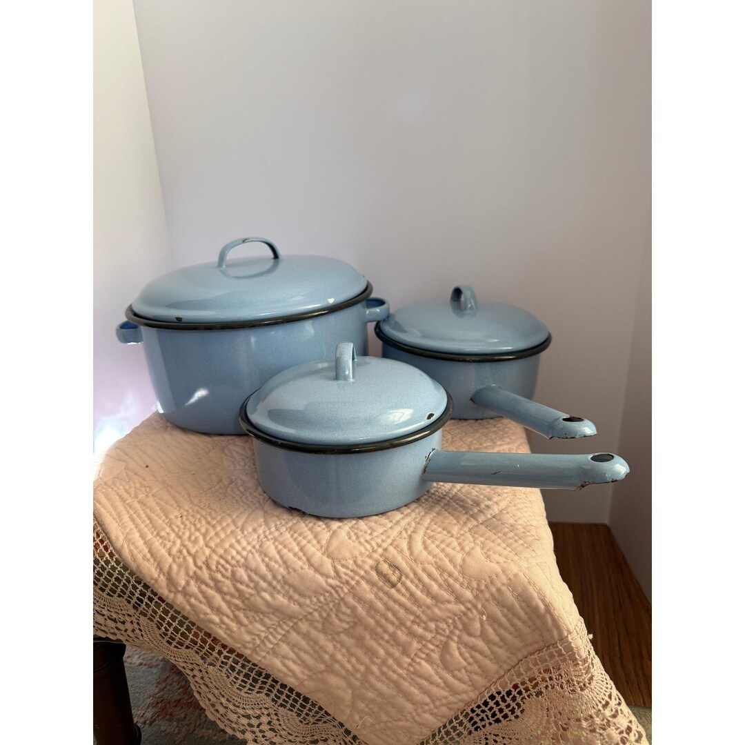 1950s Enamel Pot Set – Light Blue, Three Pots With Lids - Etsy