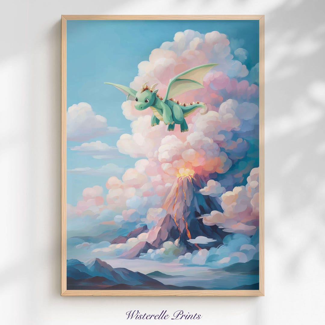 Flying Dragon Volcano Wall Art Print: Blue Whimsical Fantasy Kids Room ...