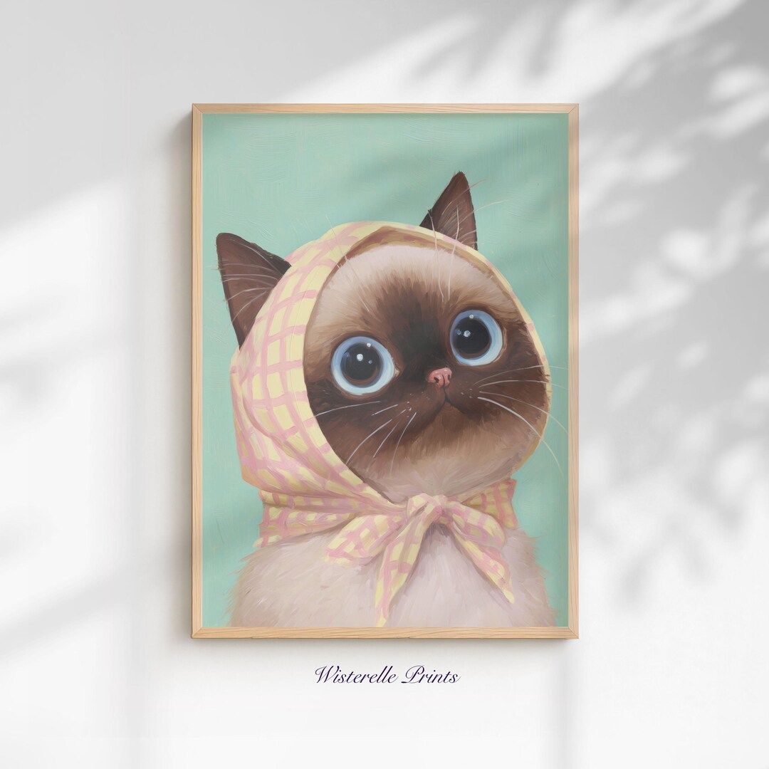 Cat Wearing Headscarf Print: Cute Siamese Kitten Pastel Decor for ...