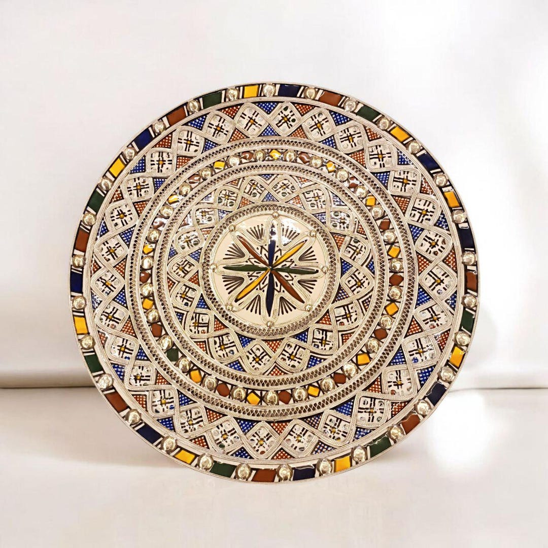 Handcrafted Colorful Moroccan Fes Pottery Plate With Nickel Inlay ...
