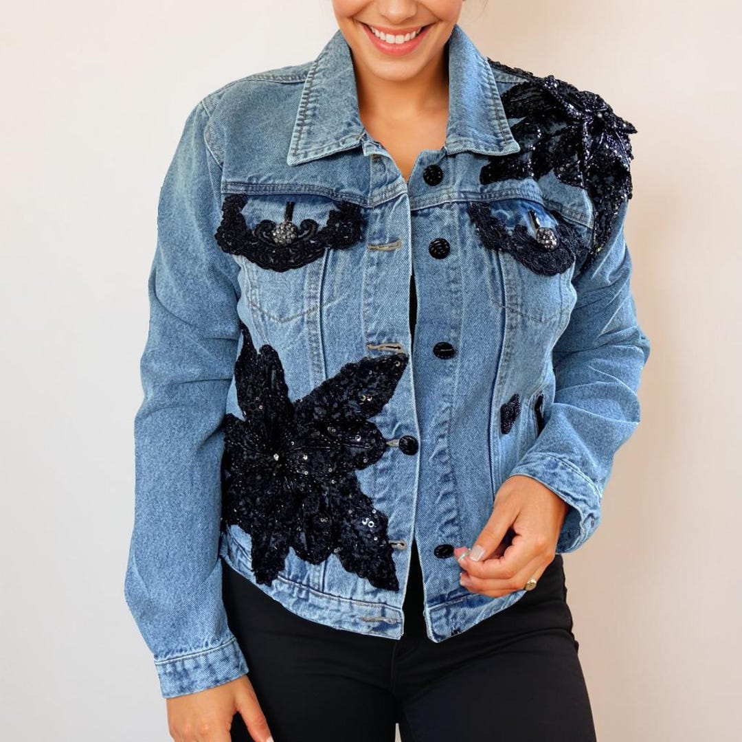 Sequins and Beaded 3-D Appliqués Hand Embellished Denim Jean Jacket ...