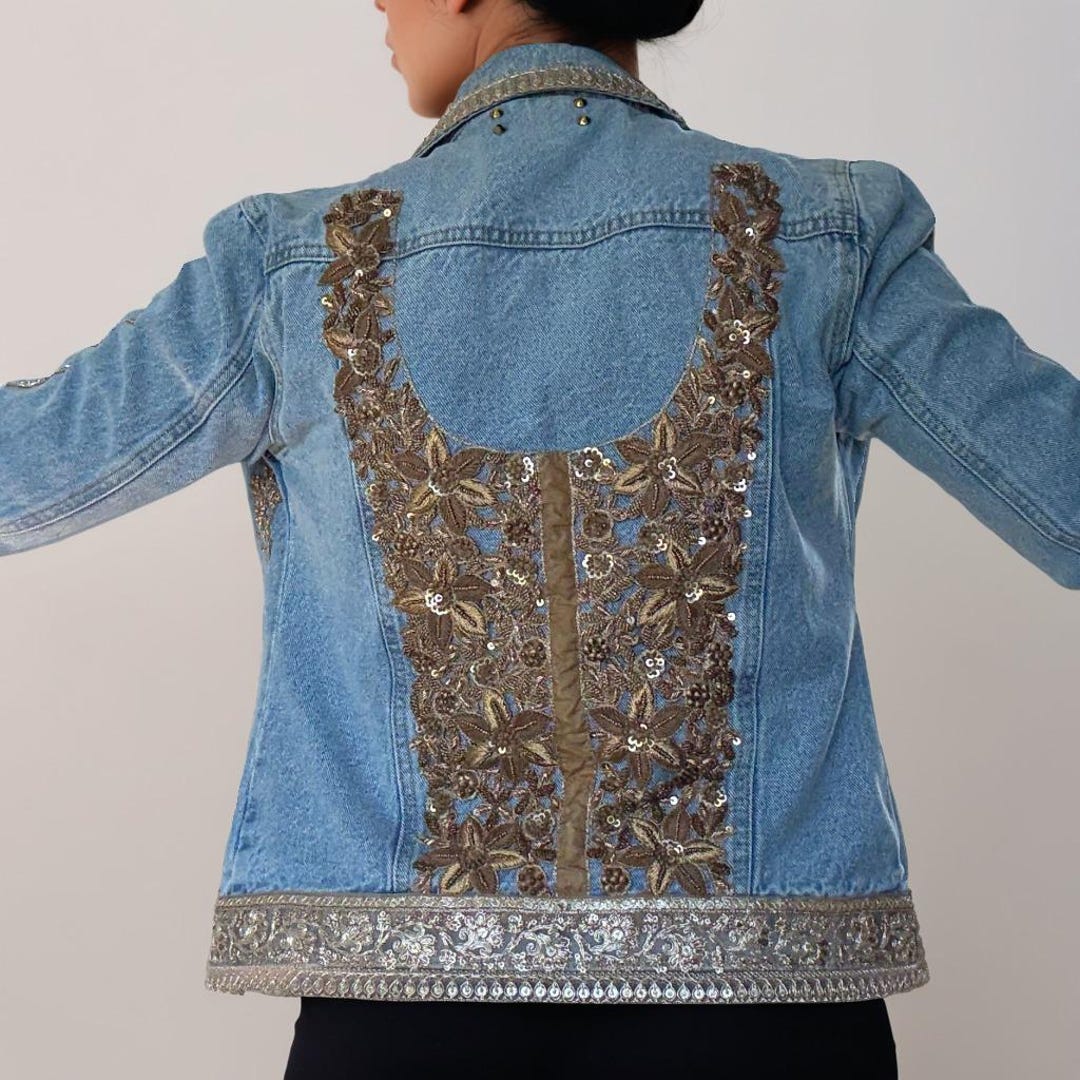 Gold Embroidary Hand Embellished Denim Jean Jacket | Unique | Size: S ...