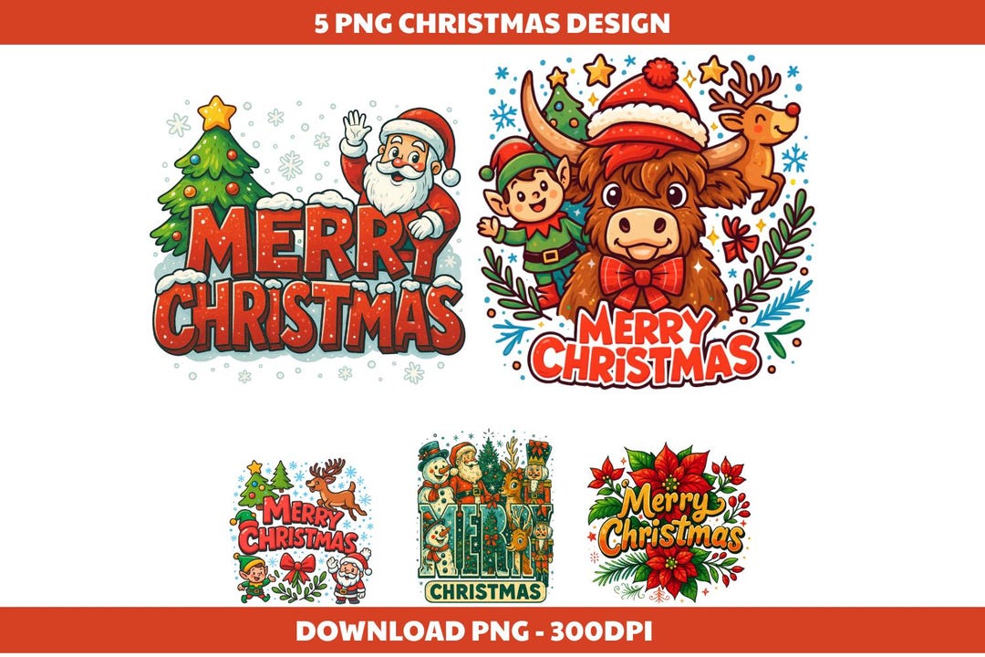 5 Merry Christmas PNG Bundle, Cute Santa Elf Reindeer Clipart, Holiday ...