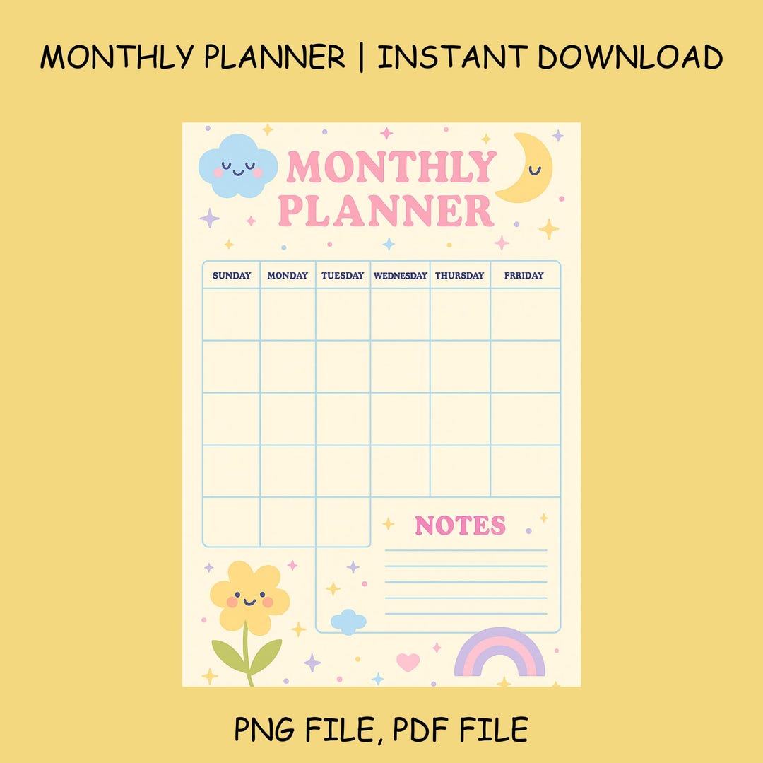 Kawaii Pastel Monthly Planner | Cute Printable PDF PNG A4 - Etsy