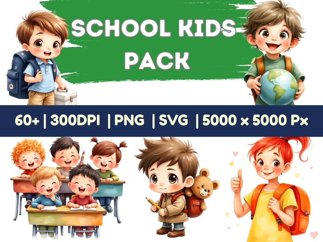 Kawaii School Clipart Set: Big Eye Kids, PNG SVG Canva (commercial Use ...