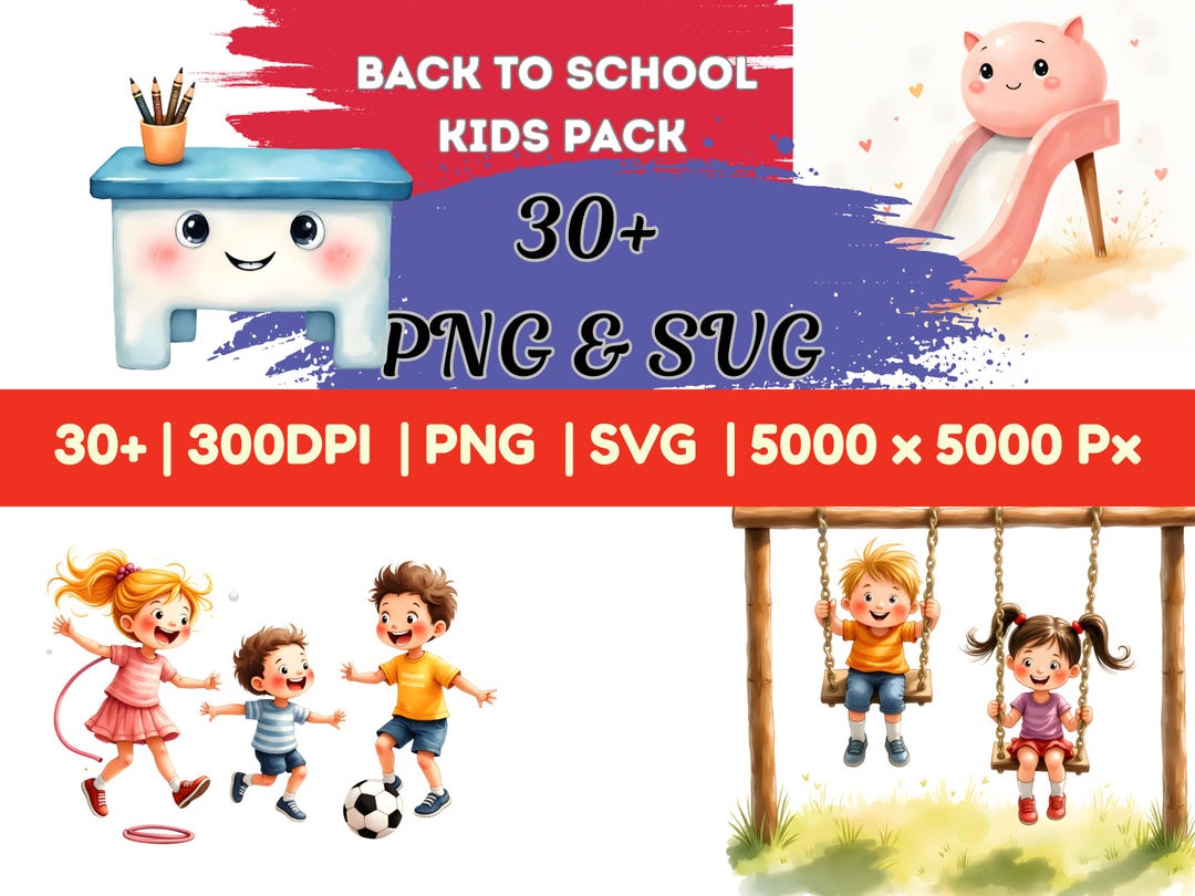 Kawaii School Kids Clipart Bundle: PNG, SVG & Canva Template Link (32 ...