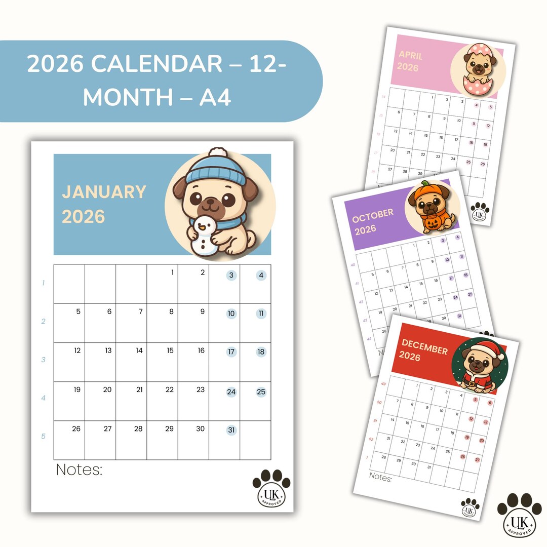 2026 Printable Calendar A4 – 12 Cute Monthly Pages + Notes & Important ...