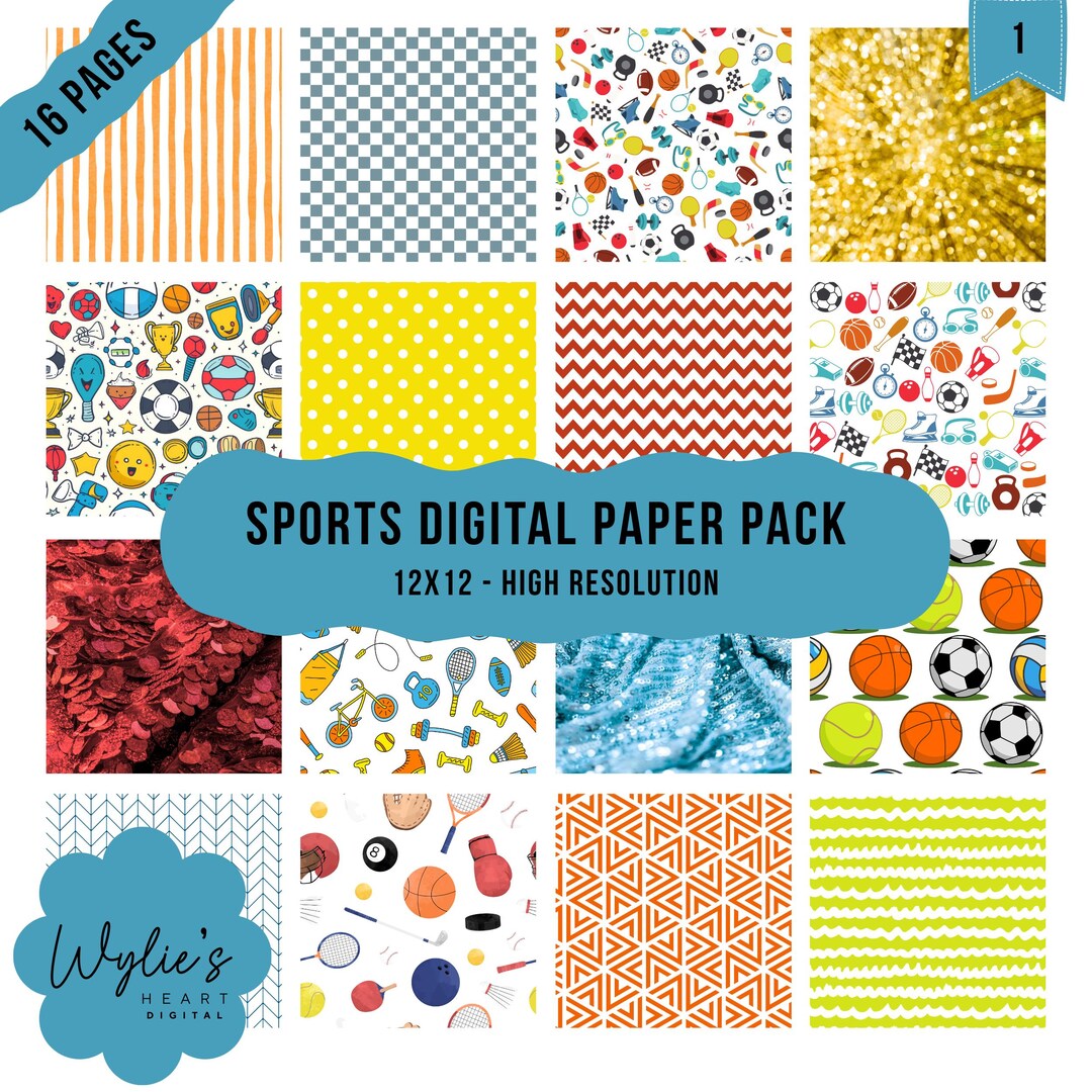 Sports Digital Paper Pack: 16 Seamless, PNG, 12x12 Scrapbook Papers ...