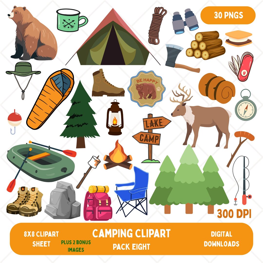 Camping Clipart Pack: 30 PNG Digital Images, High Resolution- Digital ...