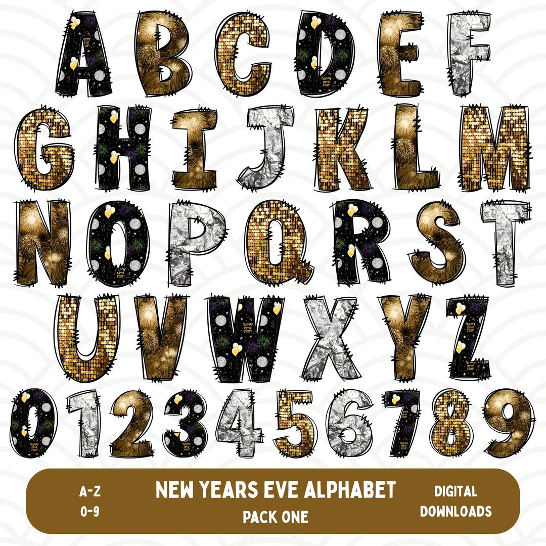 New Years Eve Alphabet Clipart, Letters and Numbers, Scrapbooking ...