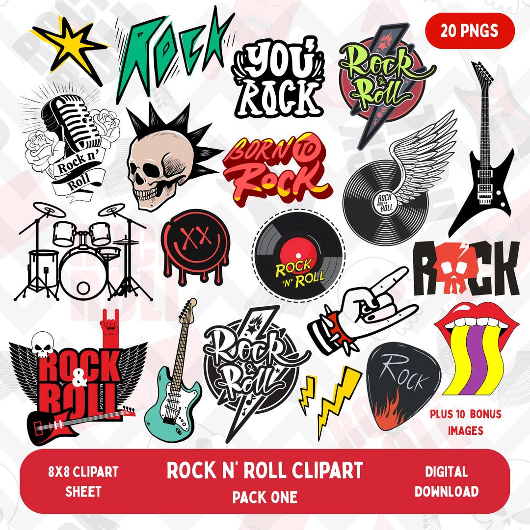 Rock and Roll Clipart Bundle | 30 PNG Graphics | Retro Music Clip Art ...