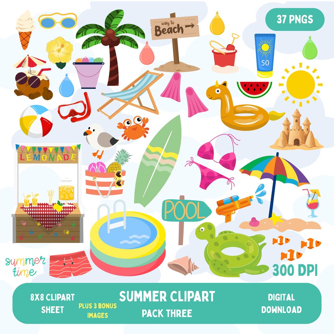 Summer Digital Clipart Pack: 37 PNG Digital Images, High Resolution ...