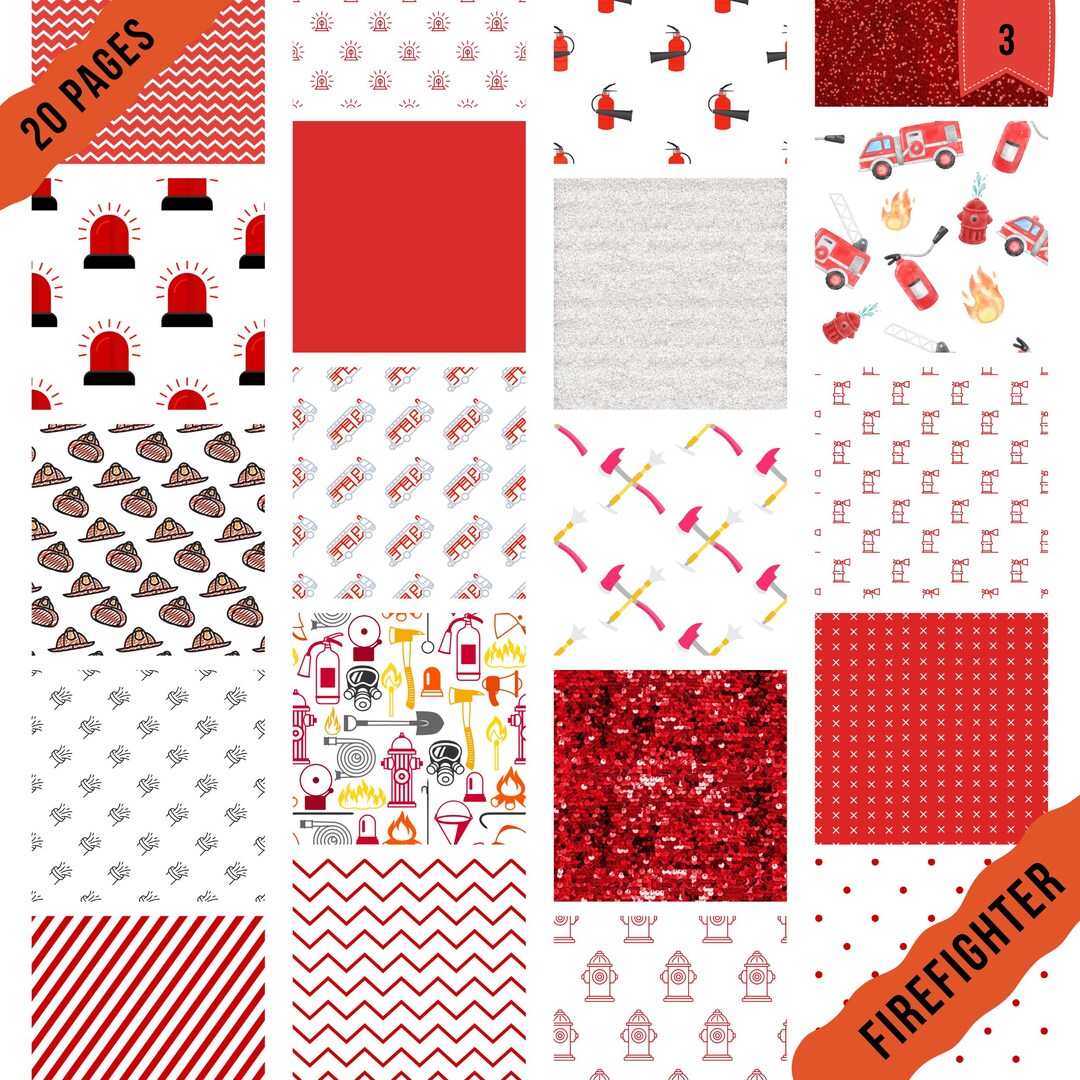 Firefighter Digital Paper Pack: 16 Seamless, PNG, 12x12 Scrapbook ...