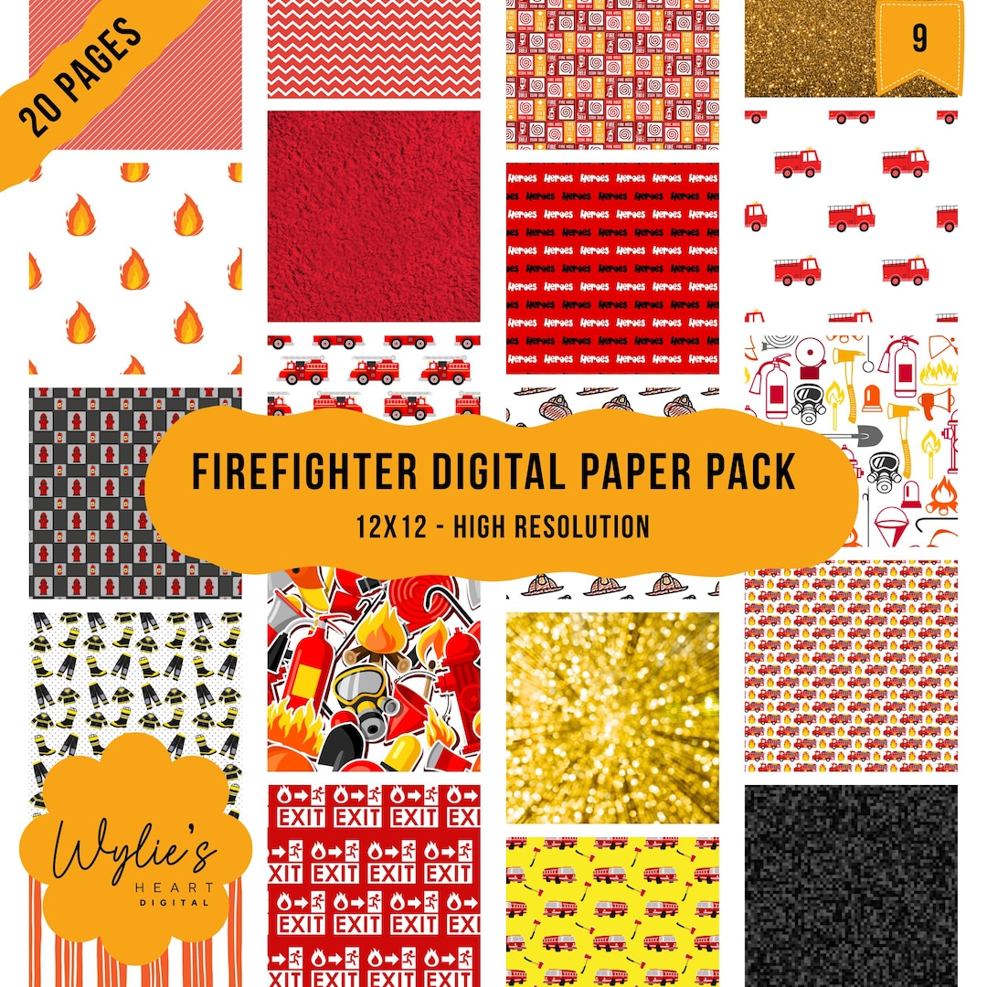 Firefighter Digital Paper Pack: 20 Seamless, PNG, 12x12 Scrapbook ...