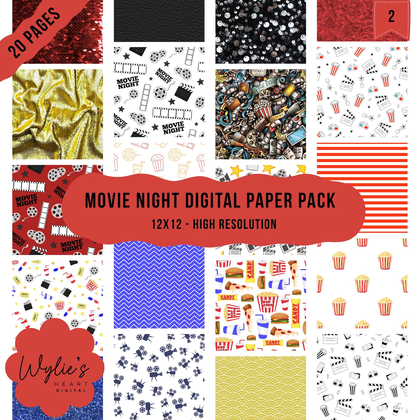 Movie Night Digital Paper Pack: Scrapbook Backgrounds (digital Download ...