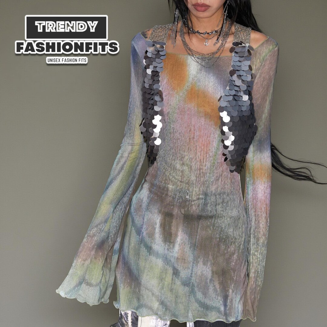 Women's Oversized Sheer Flare Tops | Long Sleeve See Through Shirt ...