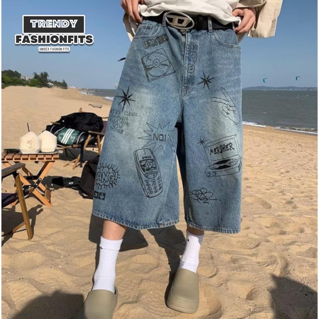 Men's Graffiti Loose Denim Shorts | Wide Leg, Knee Length - Etsy