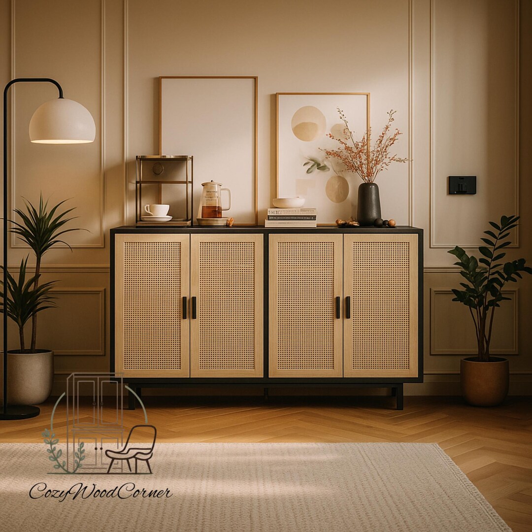Modern Design Wooden Sideboard Cabinet Cane Doors, Black Frame Small ...