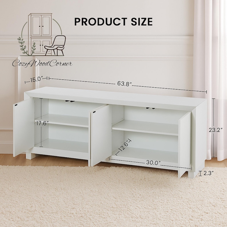 Modern White TV Stand With Storage Cabinets & Adjustable, Long Low ...
