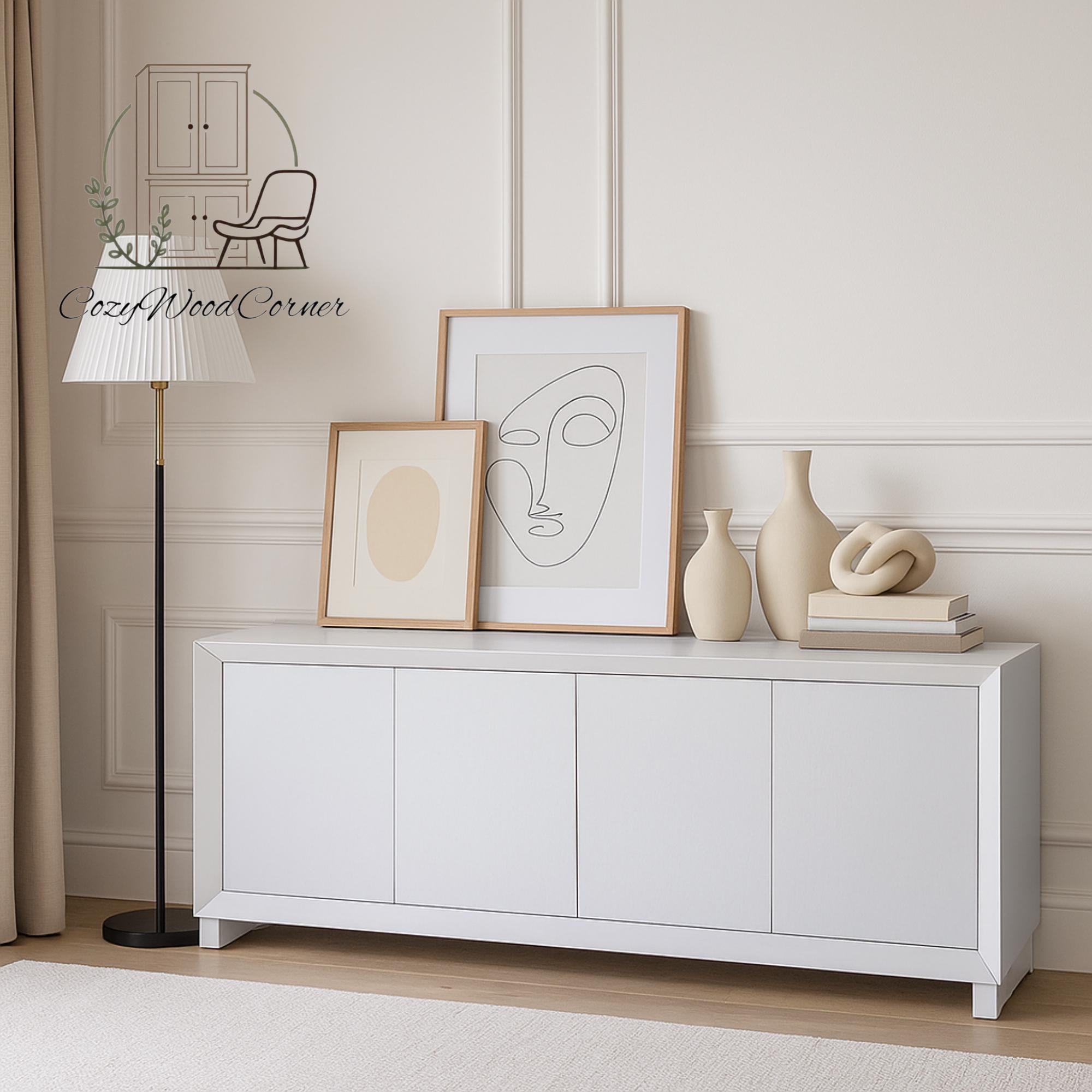 Modern White TV Stand With Storage Cabinets & Adjustable, Long Low ...