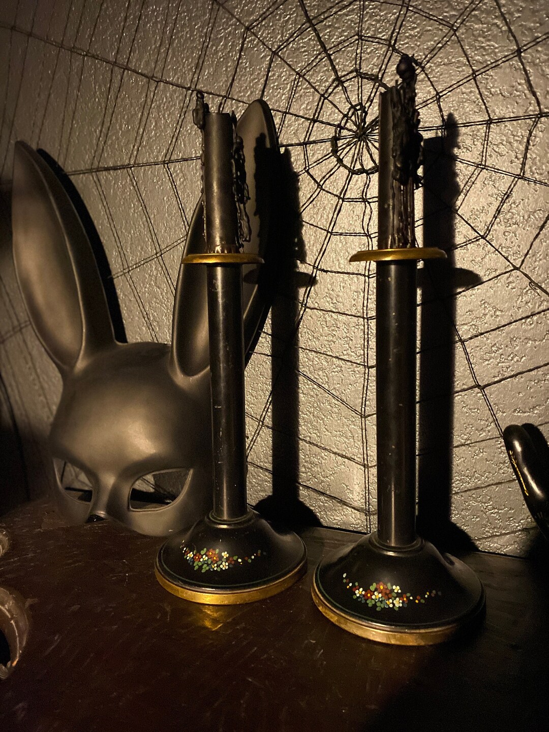 ANTIQUE AUSTRIAN GYPSY Candle Sticks Tole Painted Black Metal 9 1/2 ...