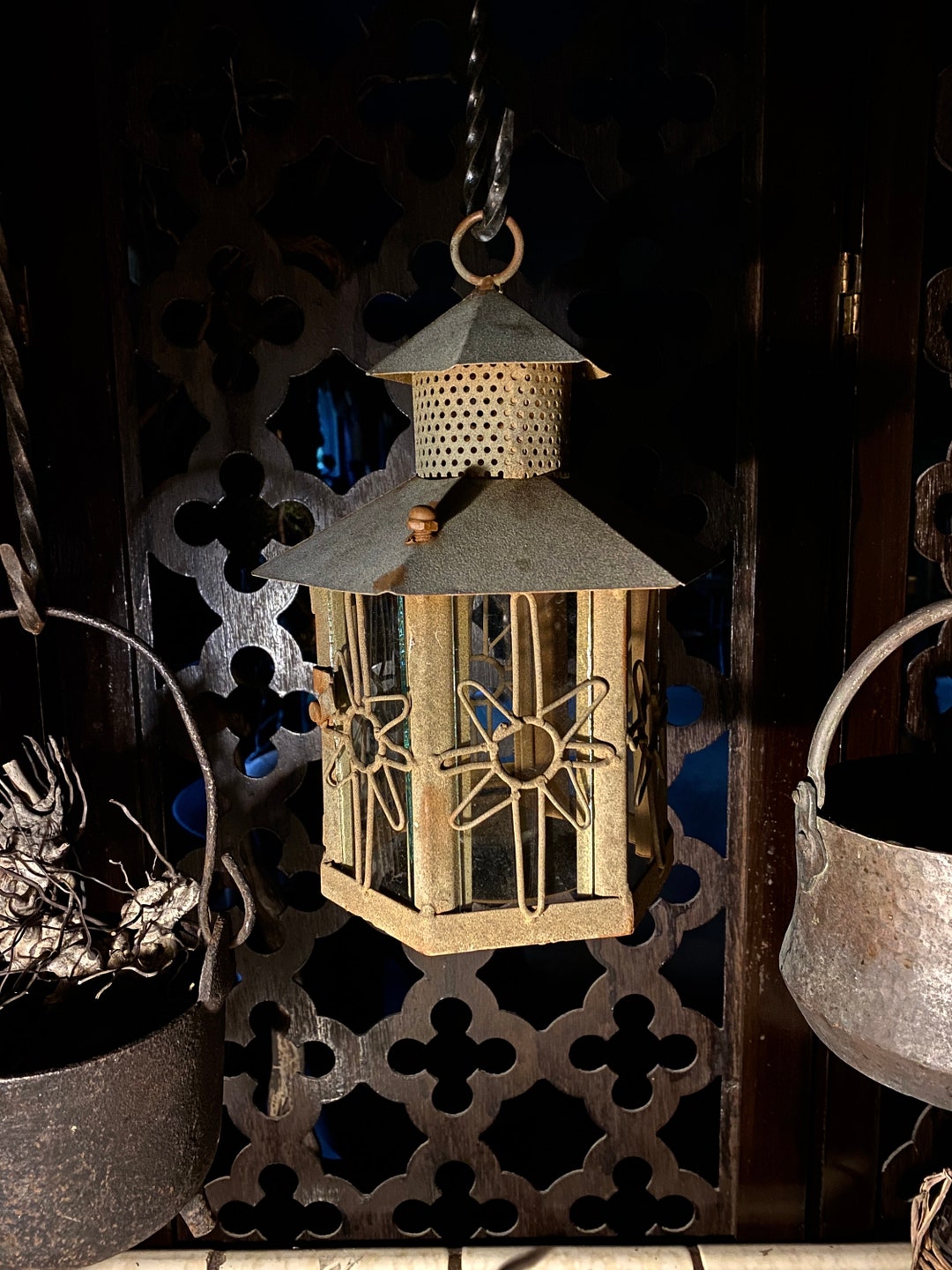 Vintage Weather Worn Metal Candle Lantern With Glass Panes - Muted ...