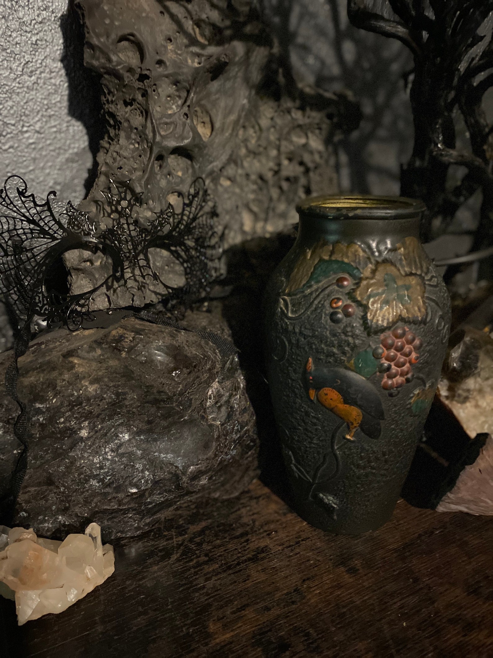 Antique BLACK Goofus GLASS VASE With Grapes Flowers and Exotic Bird ...
