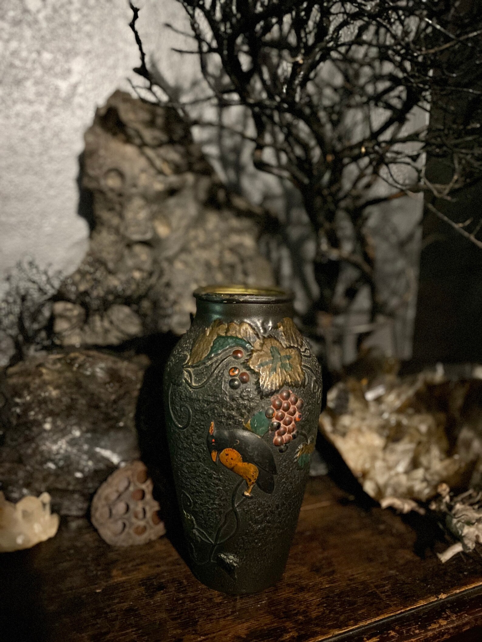 Antique BLACK Goofus GLASS VASE With Grapes Flowers and Exotic | Etsy