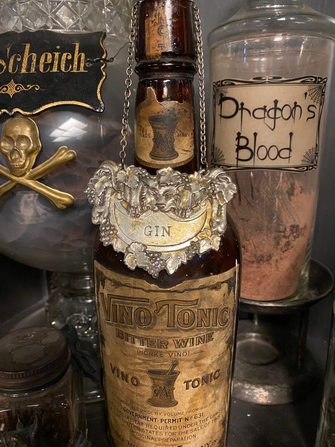 Antique Silver Fox Head Gin Bottle Label Ormolu Pendant Made in England ...