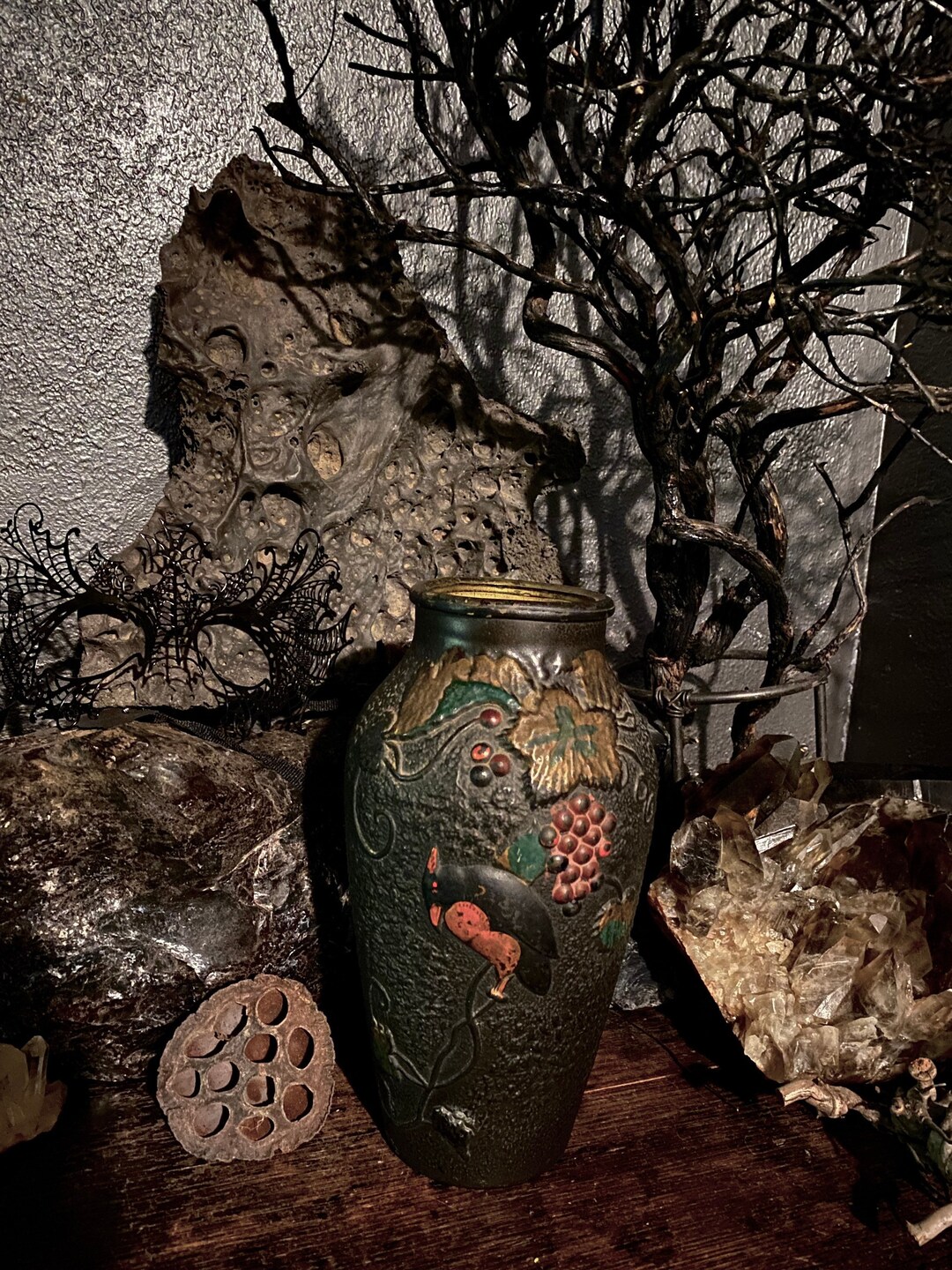 Antique BLACK Goofus GLASS VASE With Grapes Flowers and Exotic Bird ...