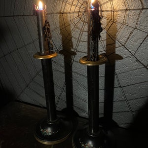 ANTIQUE AUSTRIAN GYPSY Candle Sticks Tole Painted Black Metal 9 1/2 ...