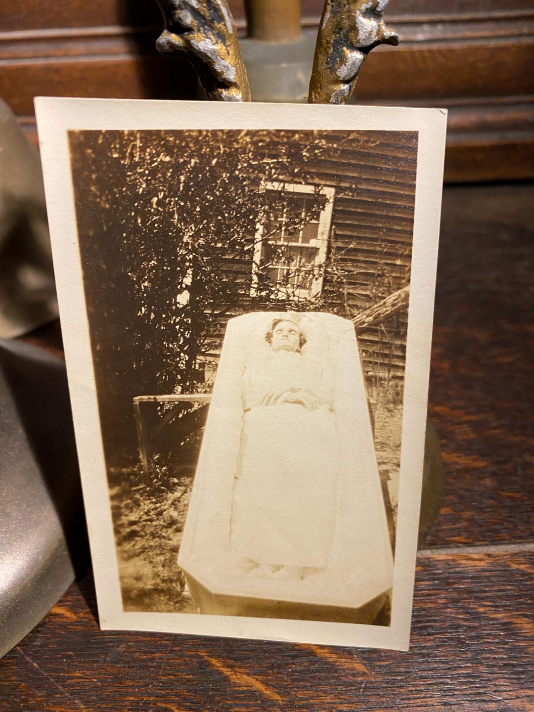 Peaceful Dead Woman in Open Casket Outside in Front of Old Cottage ...