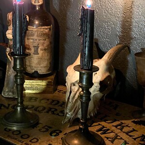 Antique Brass Candle Stands With Pair of Black Spell Candles - Etsy