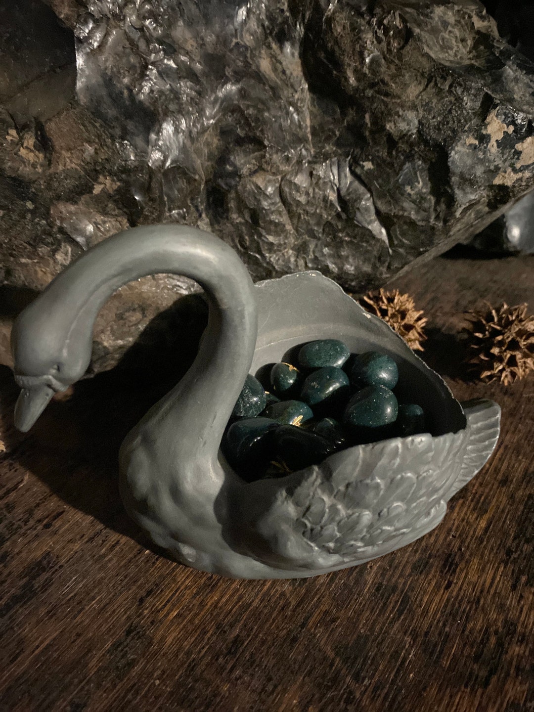 ANTIQUE SWAN Vessel Trinket Dish With Bloodstone RUNES Divination ...