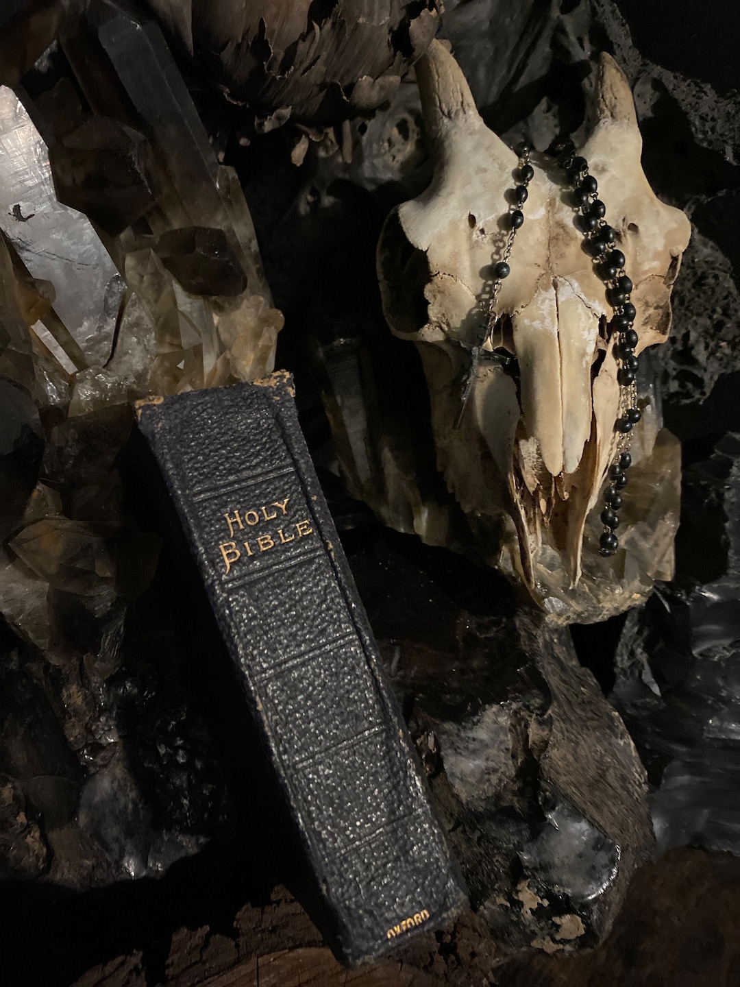 Unique Antique Black Leather Bible With Old Gothic Black Bead Rosary - Etsy