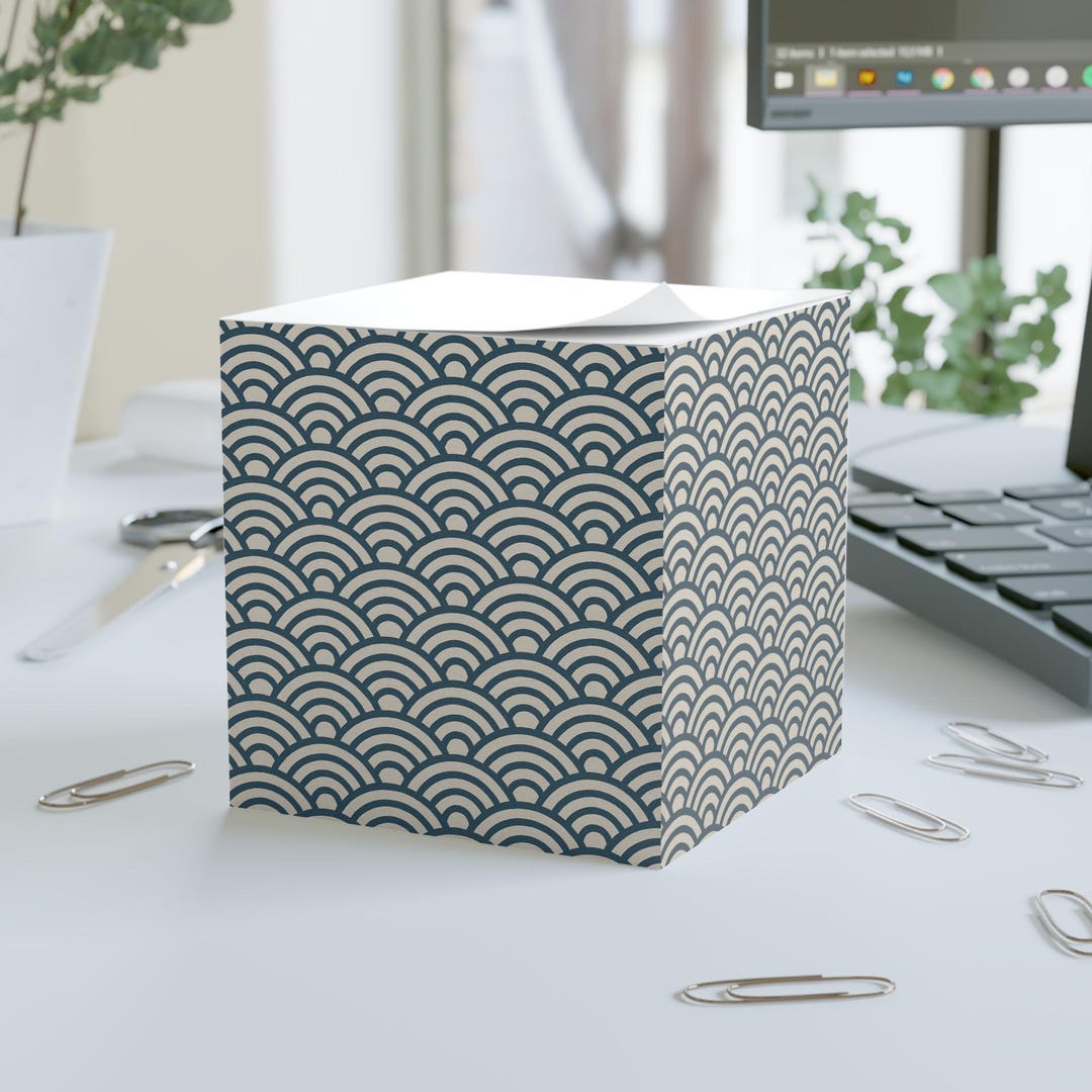 Japanese Wave Design Notepad, Note Cube, Blue Ocean Pattern Stationery ...