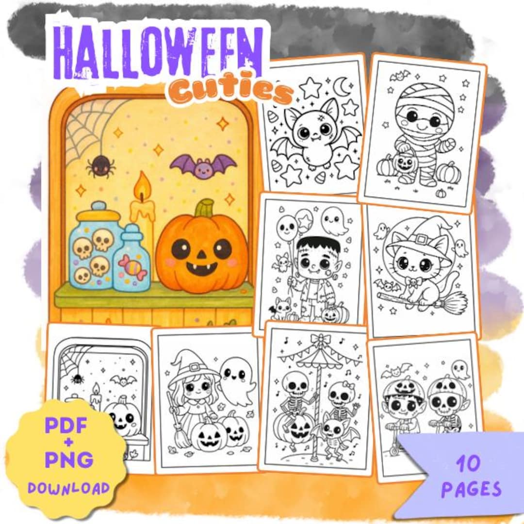 Halloween Coloring Pages, 10 Cute Cozy Spooky Illustrations Printable ...