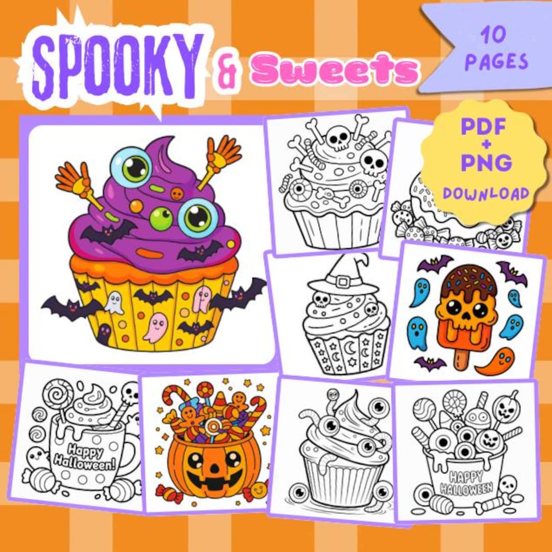 Spooky Cute Halloween Sweets Coloring Pages | Cupcakes, Donuts, Candy ...