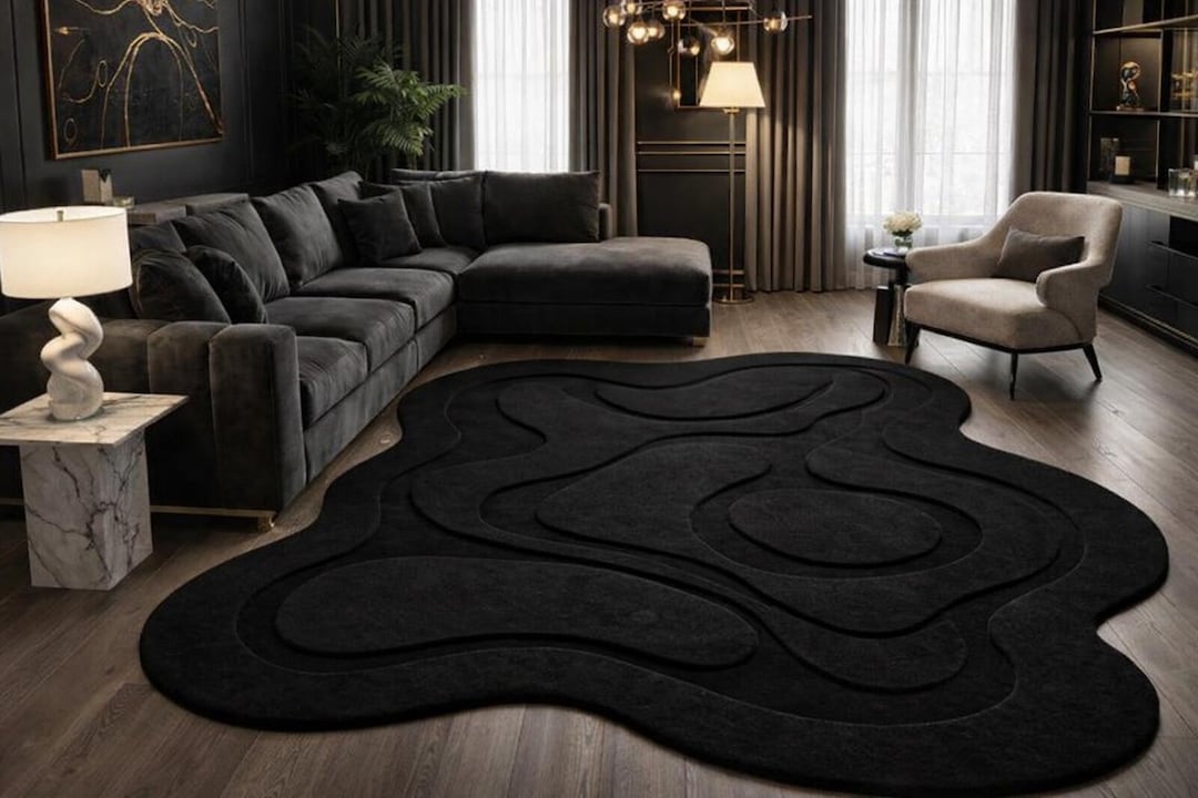 Black Abstract Irregular Area Rug, Modern Organic Sculpted Carpet - Etsy