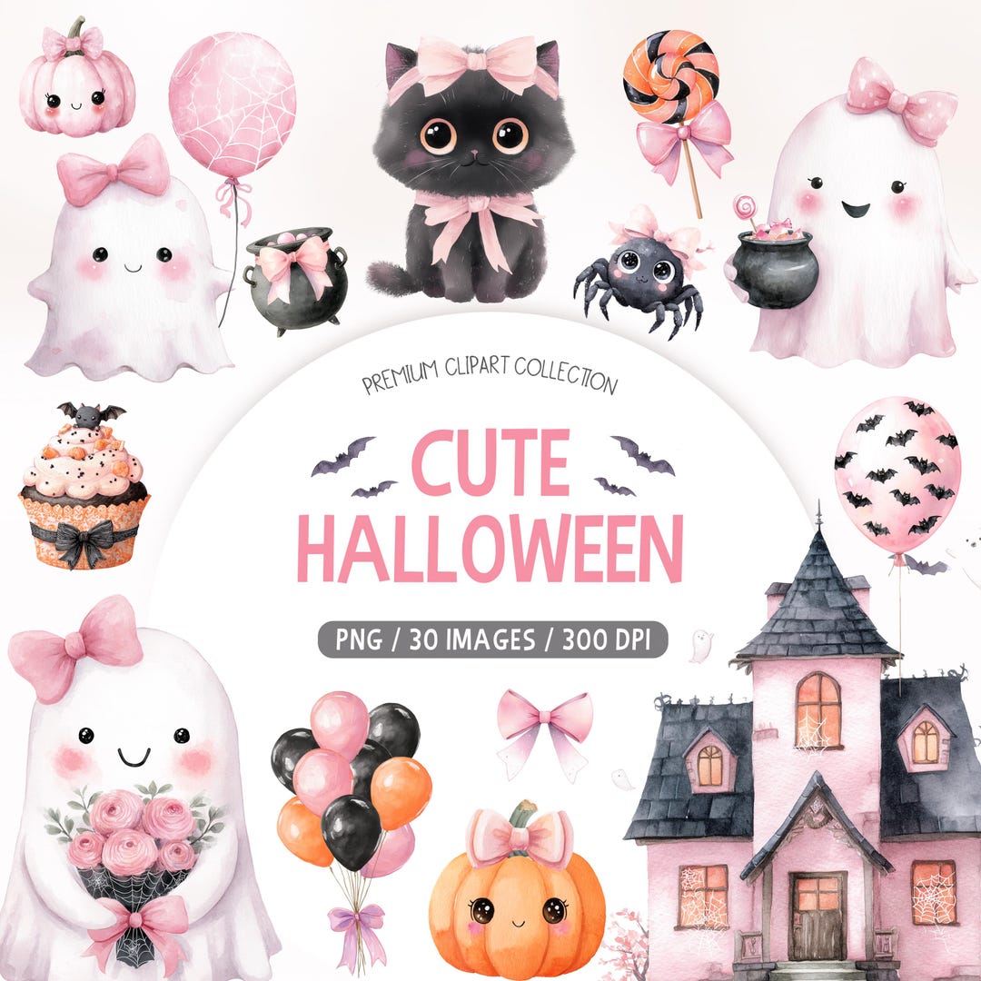 Cute Halloween Watercolor Clipart Bundle – Ghost, Pumpkin, Cat, Bat ...