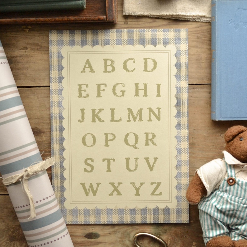 Blue Gingham Alphabet Art Print: Vintage Nursery Decor - Etsy