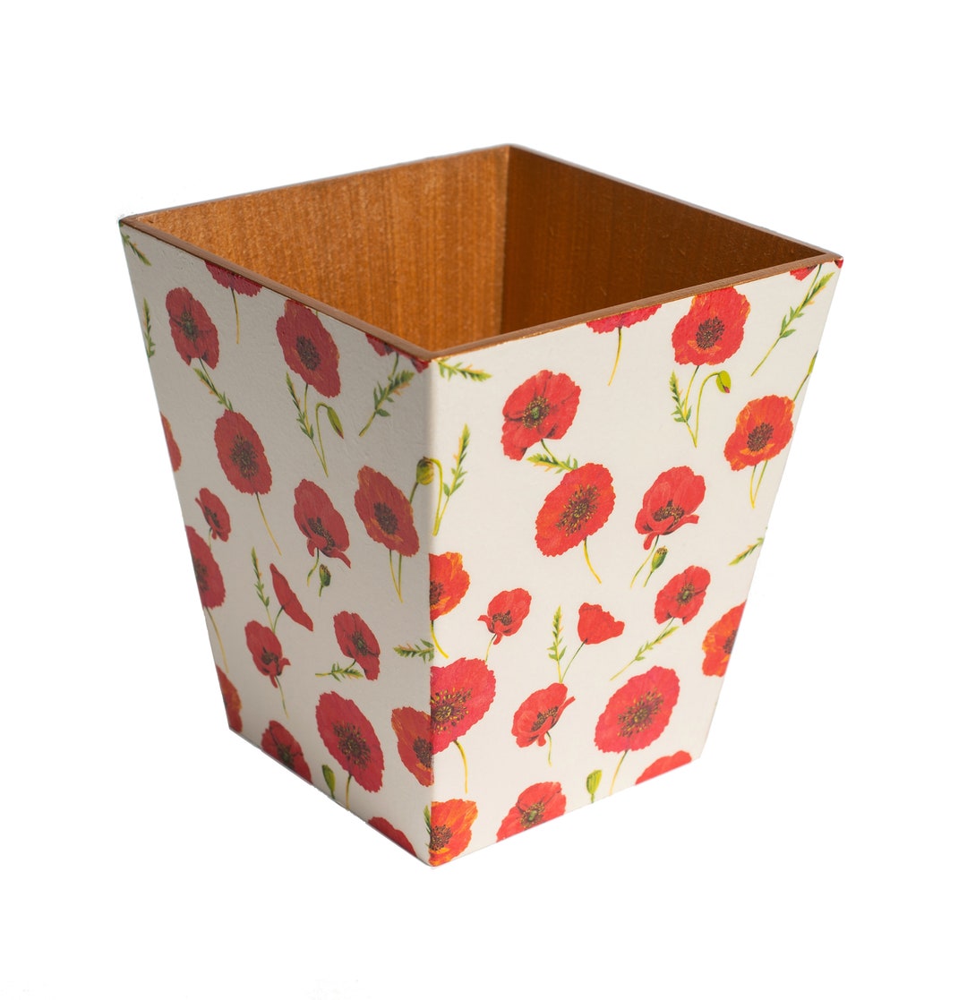 Red Poppy Waste Paper Bin Wooden Decoupaged Trash Can - Etsy