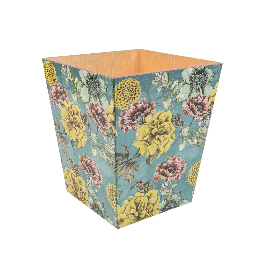Wooden Waste Paper Bin Teal Flowers Perfect Gift. - Etsy