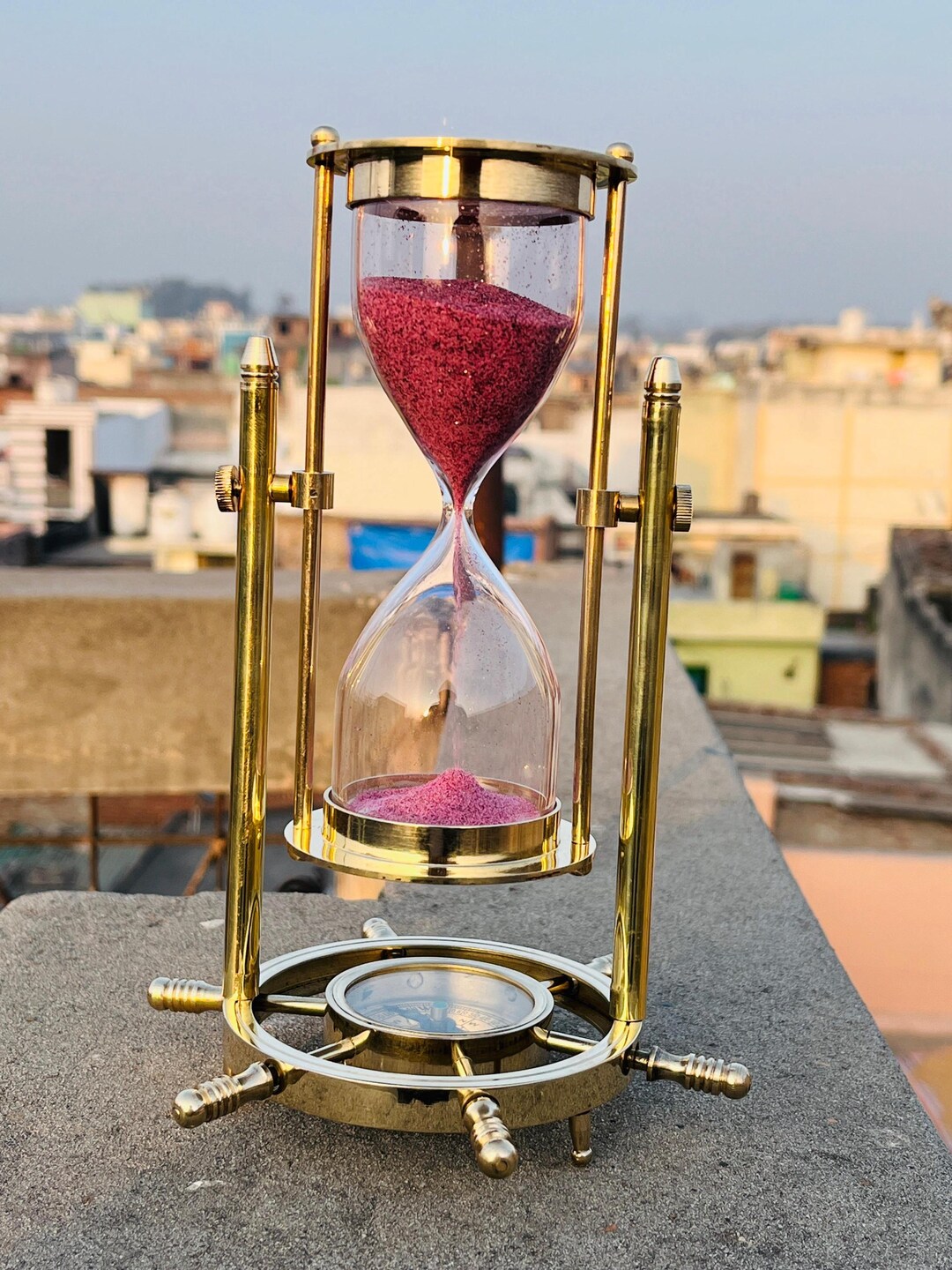 Brass Sand Timer Hourglass Wheel Compass Base & Hanging Collectible - Etsy