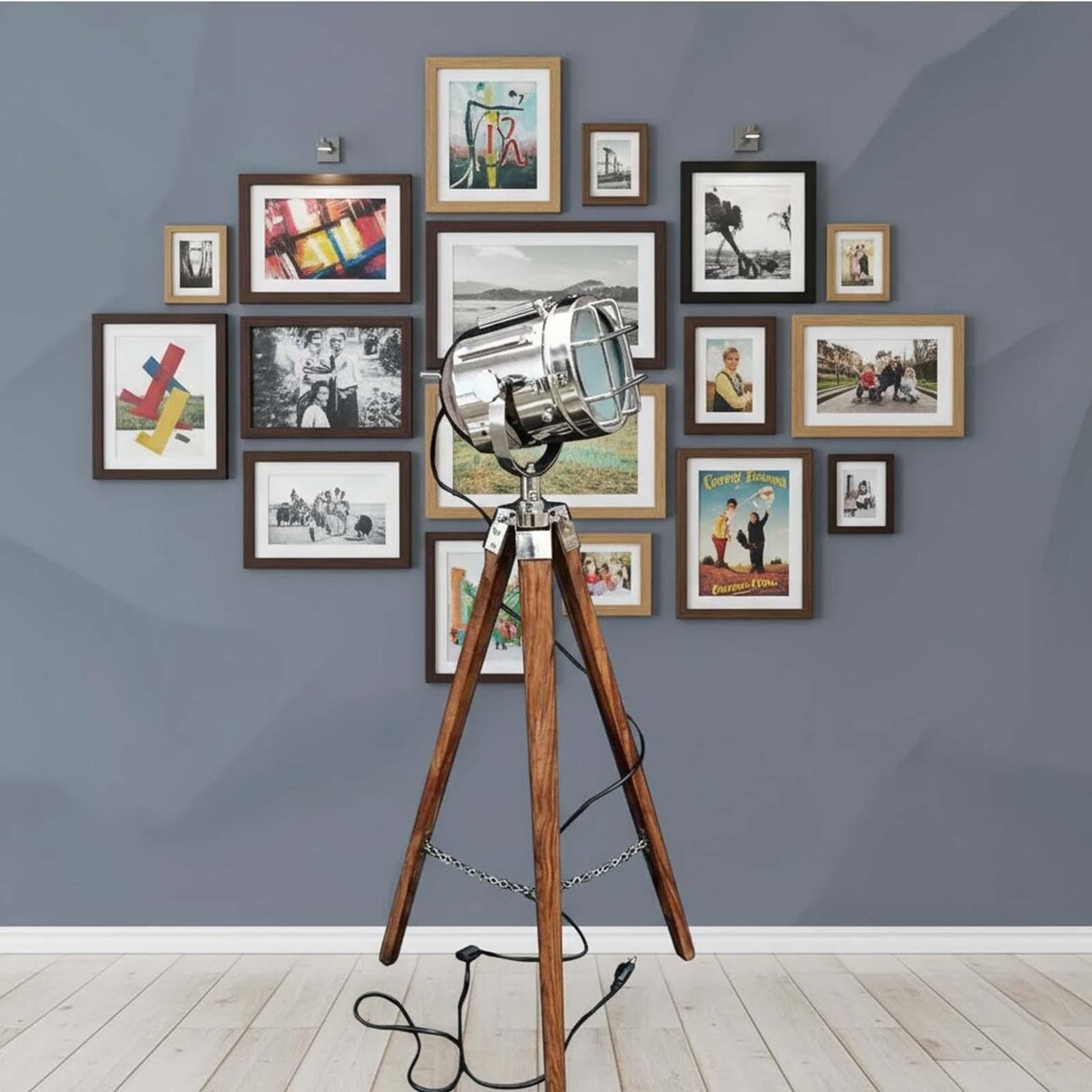 Vintage Nautical Spotlight Floor Lamp With Wooden Tripod Stand ...