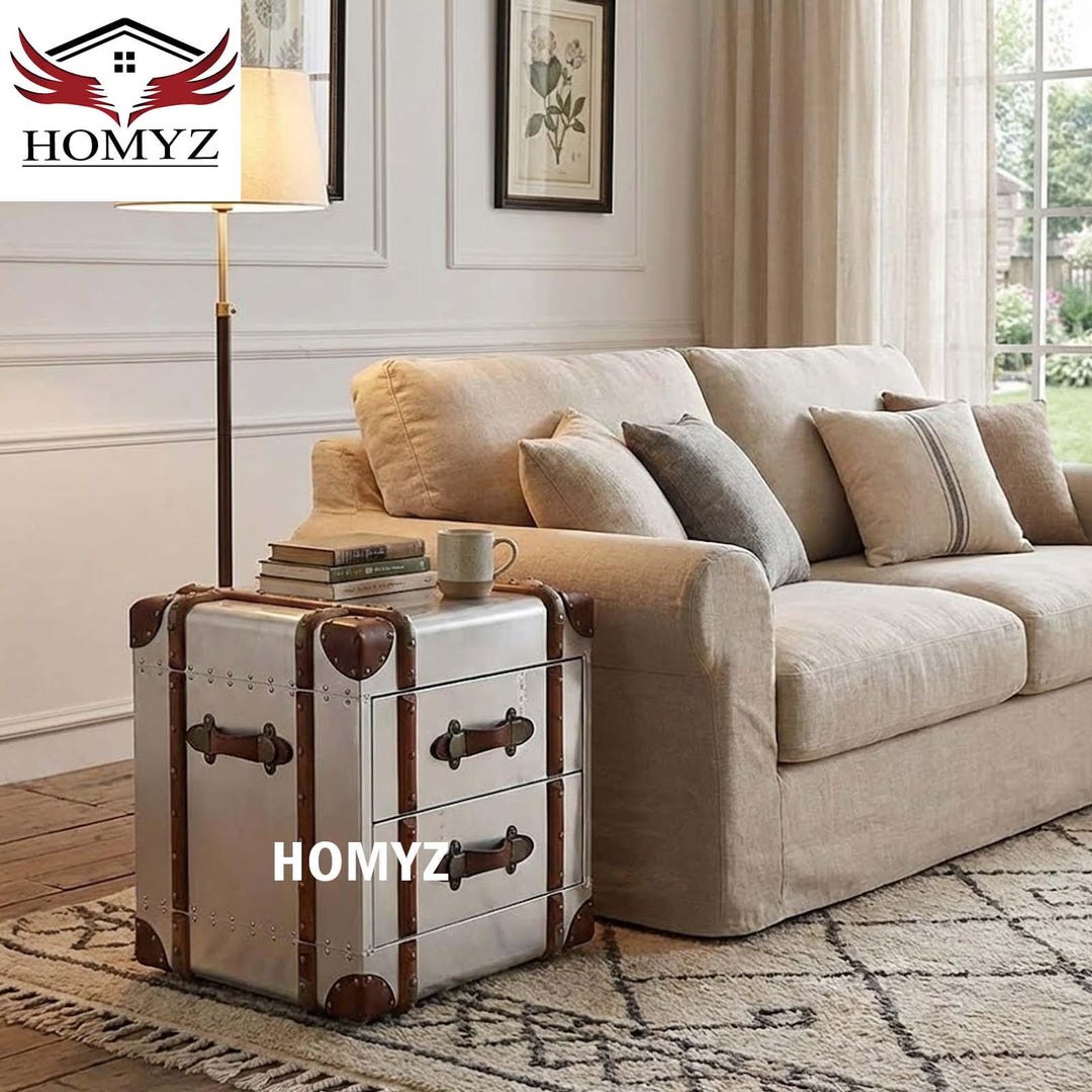 Aviator Aluminum Trunk 2 Drawer Side Table | Metal Finish Bedside ...